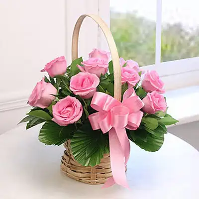 Pink Roses Flowers | Pin Roses Basket Arrangement Delivery