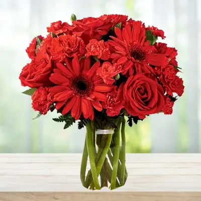 Send Red Roses & Red Gerbera Bouquet Online Same Day